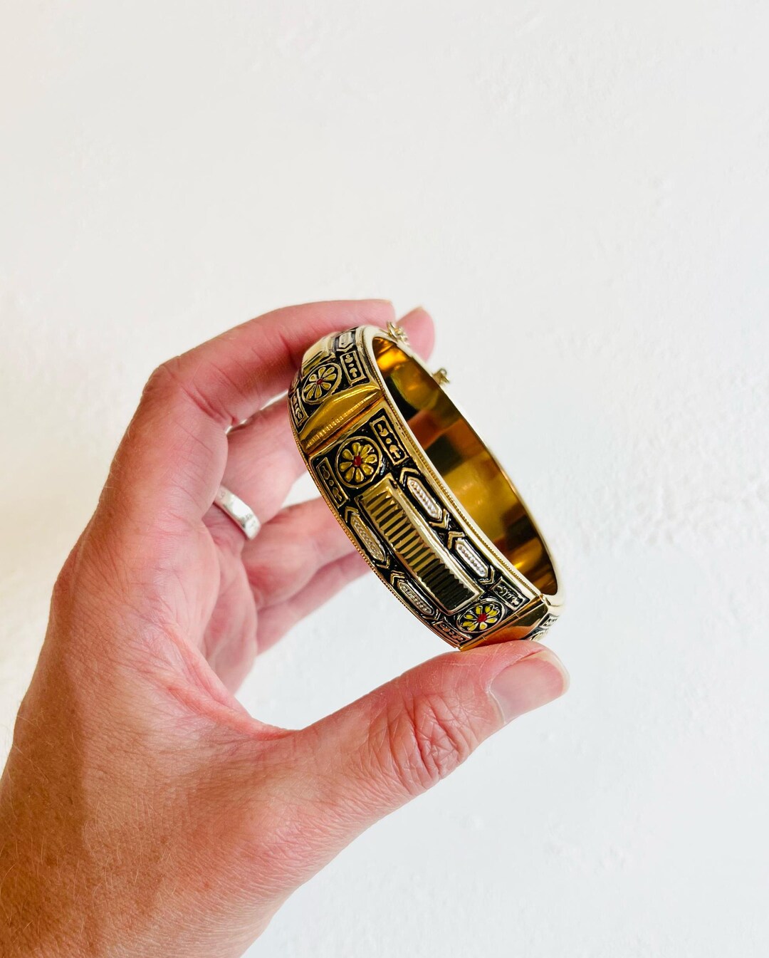 Vintage Damascene Style Toledo Ware Spanish Bangle With Chain, Ornate ...