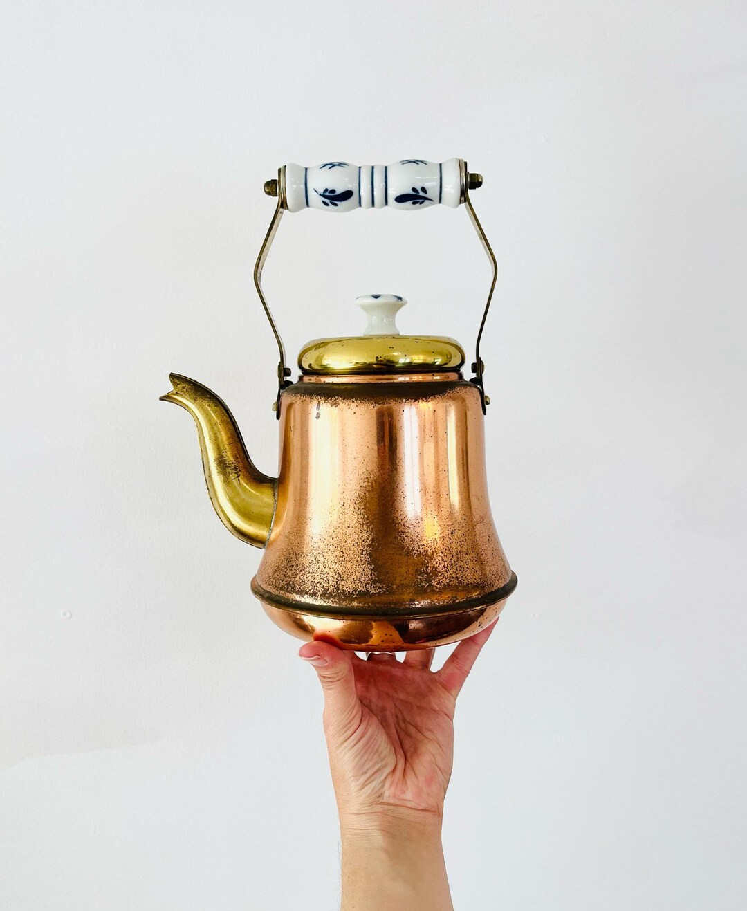 Vintage Copper Kettle | Tall Antique Copper and Brass Tea Kettle With ...