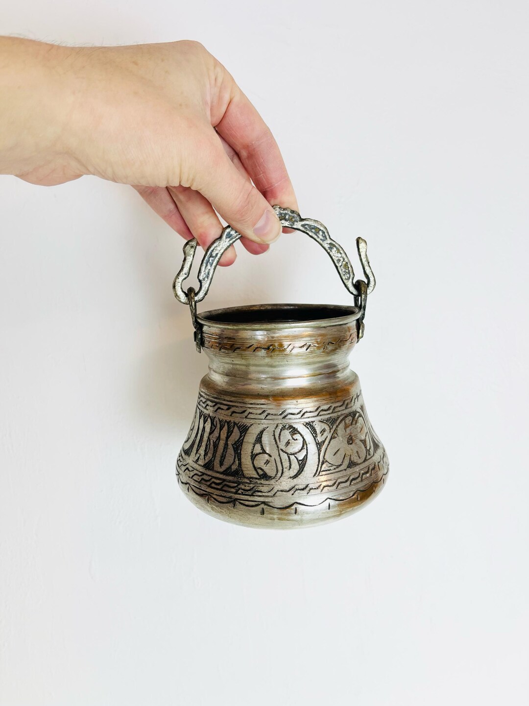 Vintage Pewter Arabic Cooking Pot | Etched Silver Tone Hanging Plant ...