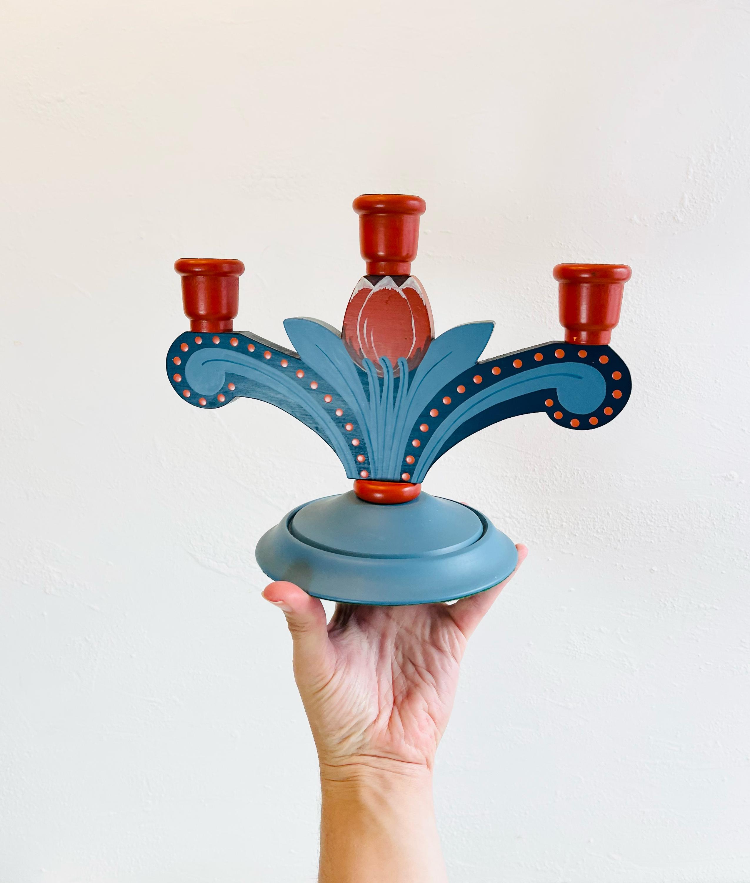 Vintage 70s Swedish Hand Painted Candelabra, Scandinavian Candle Holder ...