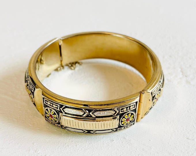 Vintage Damascene Style Toledo Ware Spanish Bangle With Chain, Ornate ...