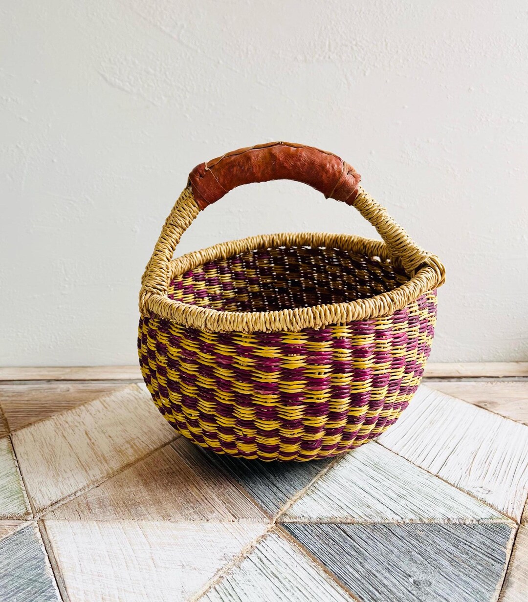 Vintage African Market Basket Small Round Woven Tote Bag With Leather ...