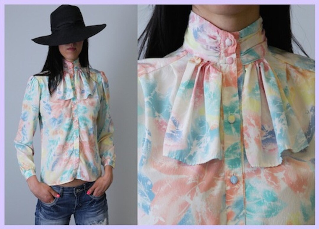 Vintage Colonial Ruffle Collar Blouse // Floral Pastels // Cuffed ...