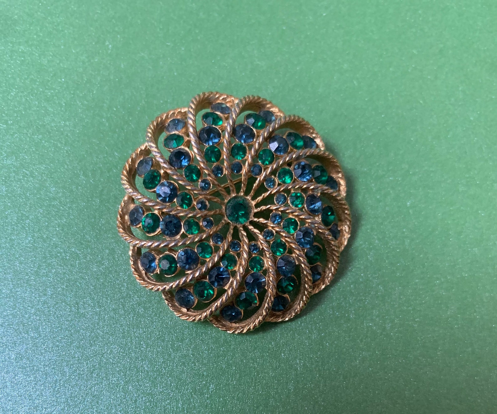 Blue Green Rhinestone Pinwheel Brooch Vintage - Etsy