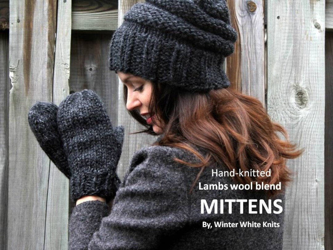 Large mittens, Charcoal gray mittens, HAND-KNIT MITTENS, size large ...