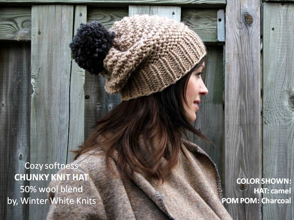 Chunky Knit Hat, COZY WOODS HAT, Pom Pom Knit Hat, Knit Winter Hat ...