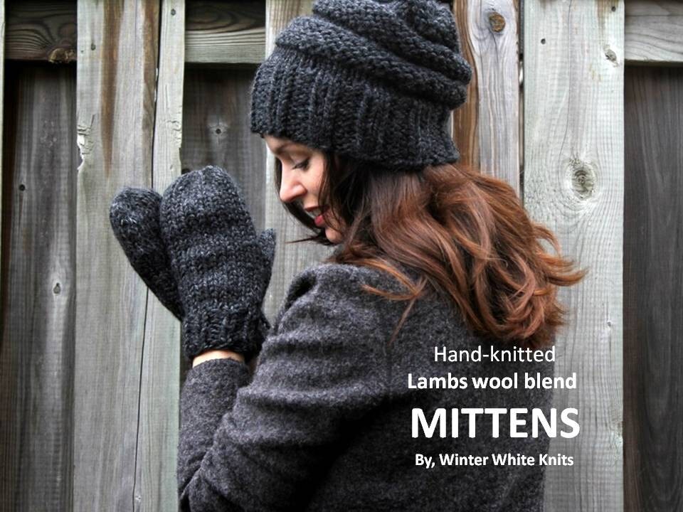 Large mittens Charcoal gray mittens HAND-KNIT MITTENS size - Etsy Nederland