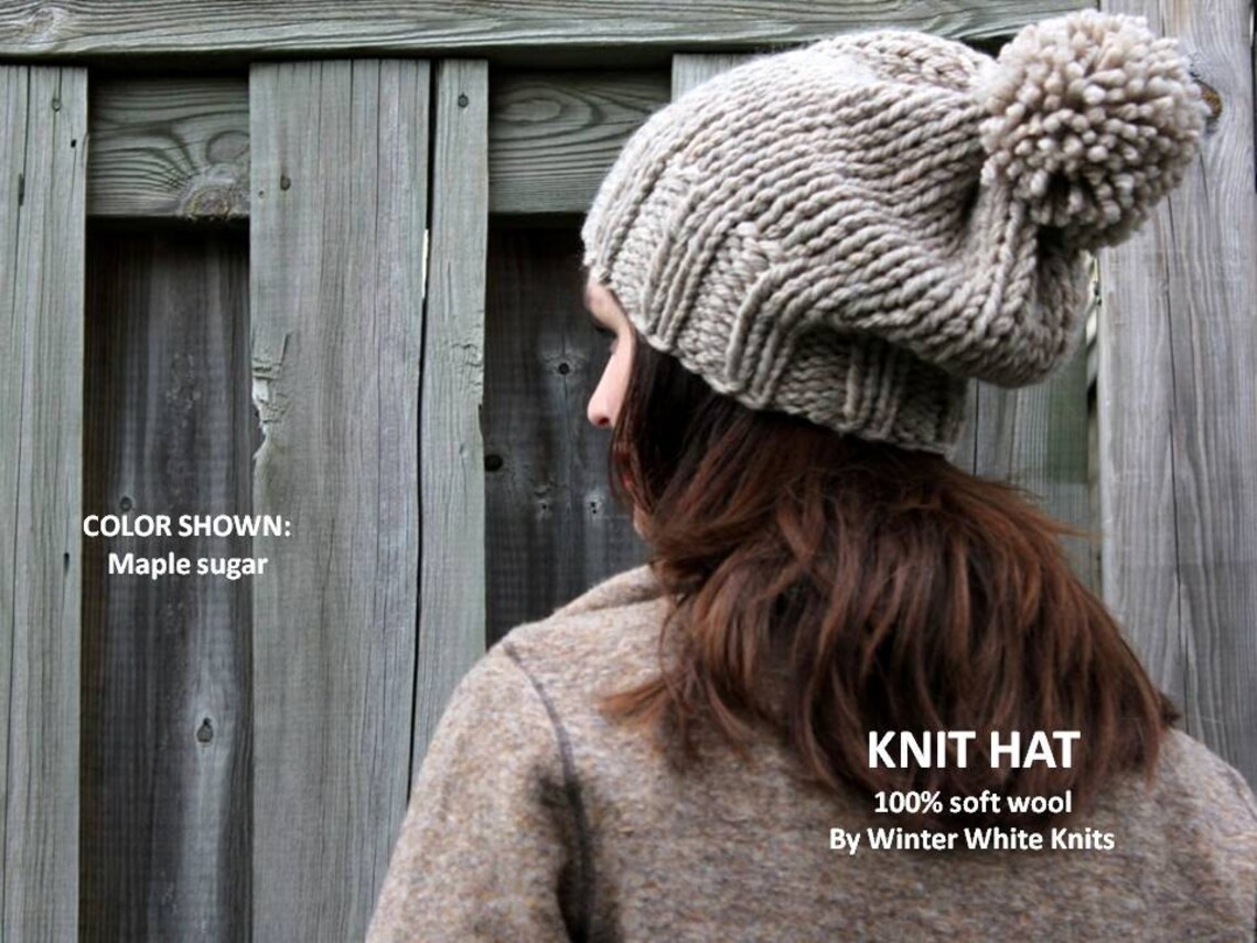 WINTER WOOL HAT, Pom Pom Knit Hat, Beanie Hat, Cozy Soft Slouchy Hat ...