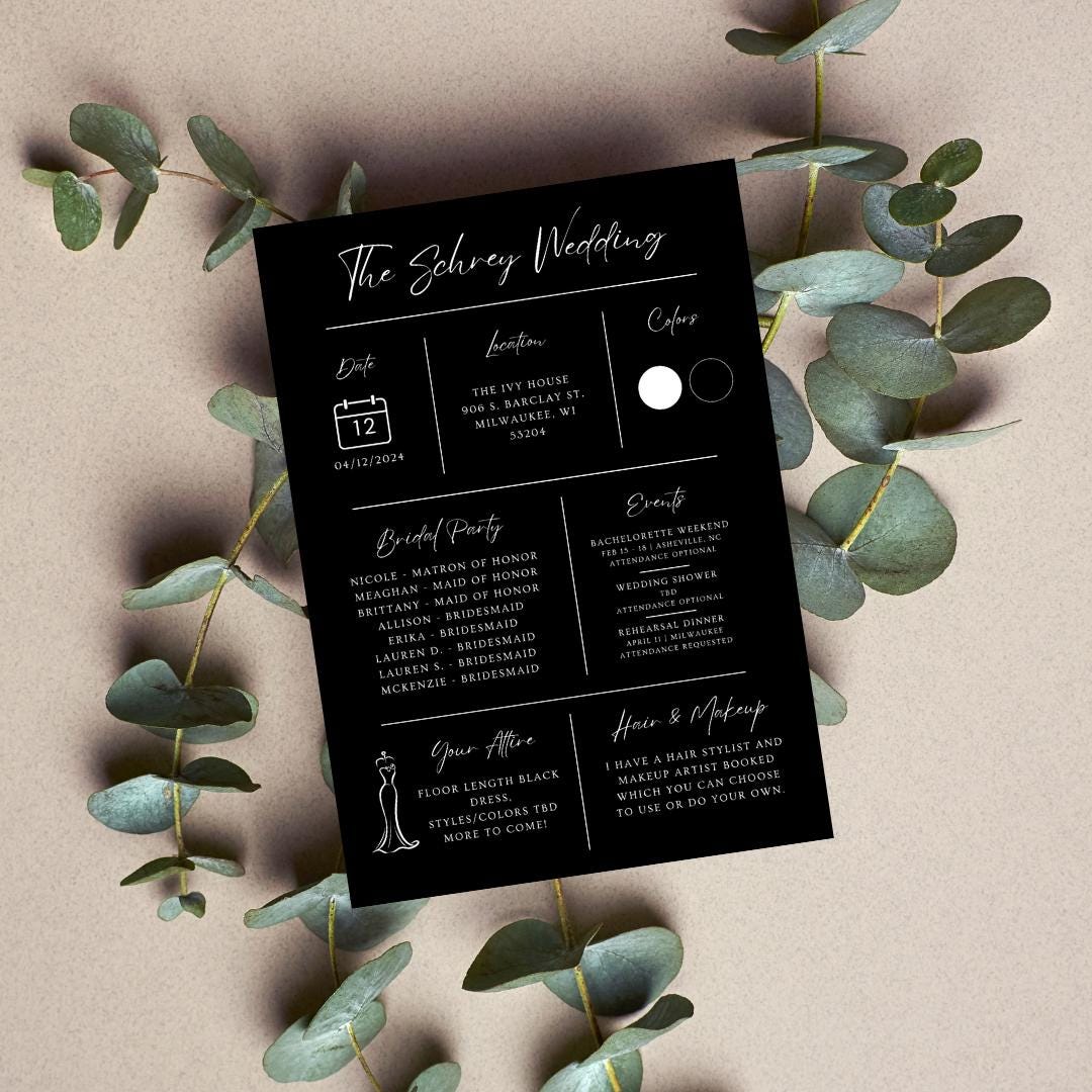 Editable Bridesmaid Details Card: B&W Wedding Party Template (canva) - Etsy