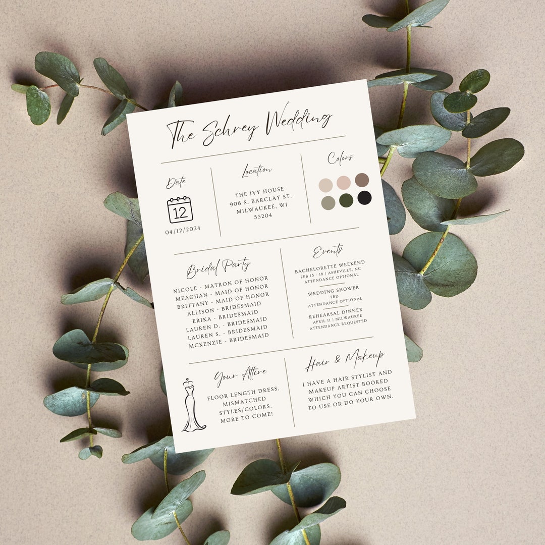 Editable Bridesmaid Details Card Wedding Party Card Digital Template ...