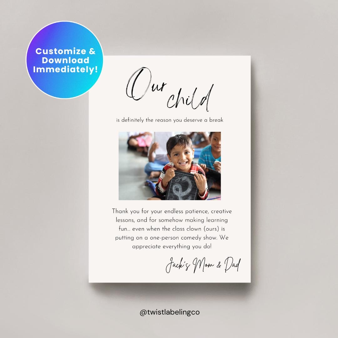 Teacher Appreciation Card Template, Editable Thank You Card, Custom ...