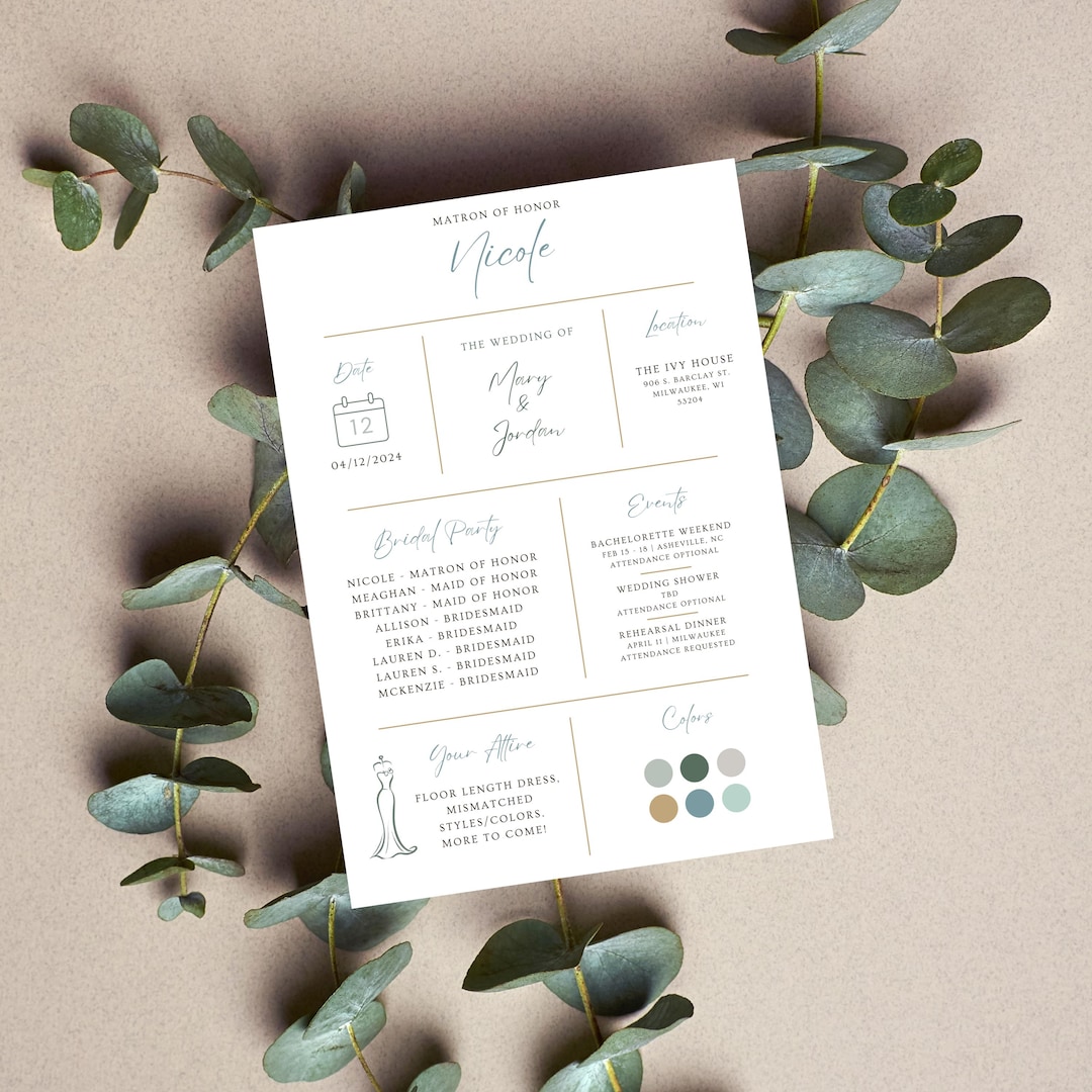 Editable Bridesmaid Details Card: Wedding Party Template (digital ...