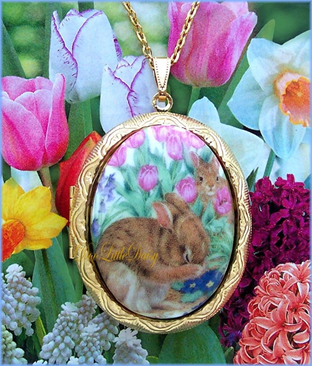 Porcelain Praying BUNNY RABBITS & Tulips Cameo Costume Jewelry Silver ...