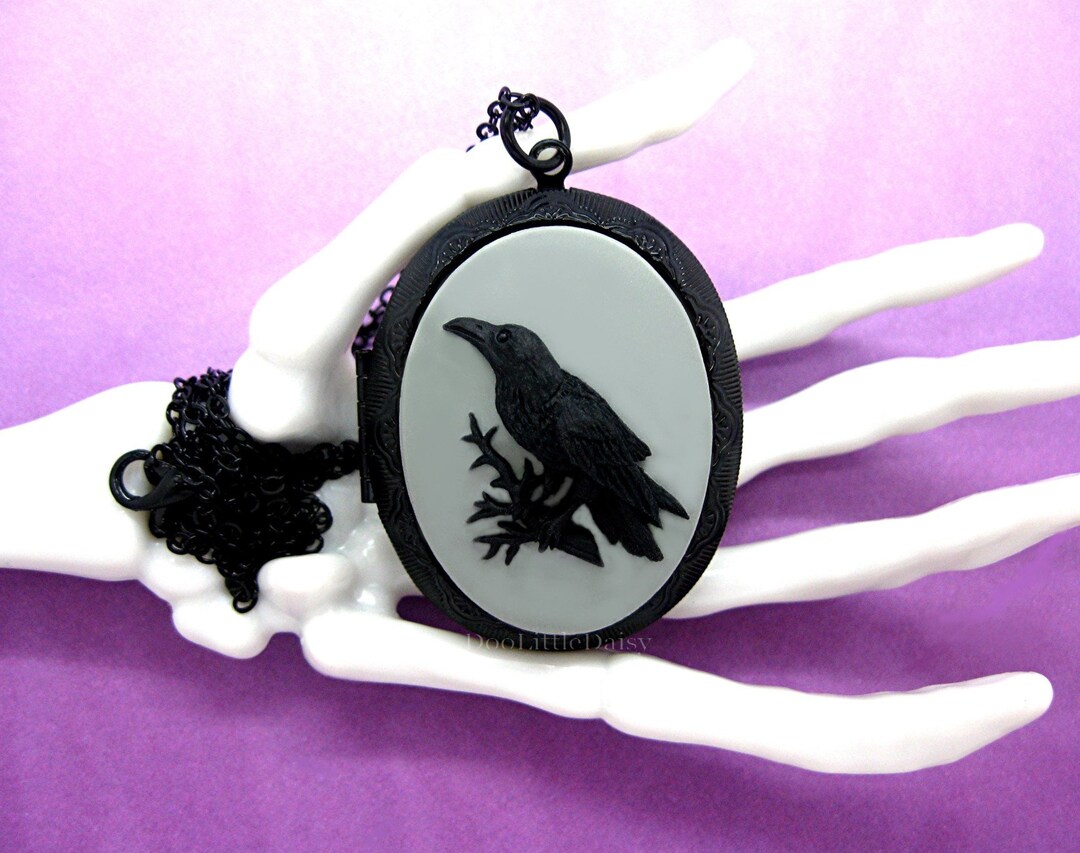 Gothic Black Bird Raven on a Gray Cameo Goth Emo Zombie Halloween Punk ...