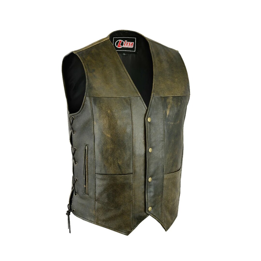 Mens Motorcycle Biker Waistcoat 10 Pocket Distressed Brown Leather Vest ...