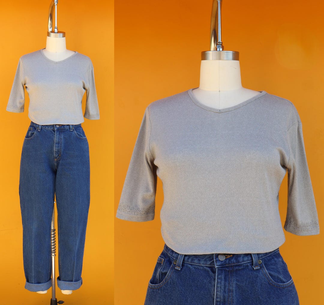 90s Three Quarter Long Sleeve Gray V Neck Shimmer Tee Shirt | Scroll ...