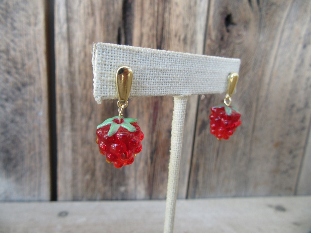 90s Chunky Novelty Gold Tone Raspberry Dangle Earrings | Resin Berry ...