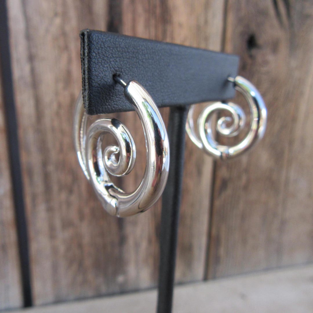 90s Chunky Curlicue Hoops | Modernist Swirl Geo Geometric Silver Tone ...
