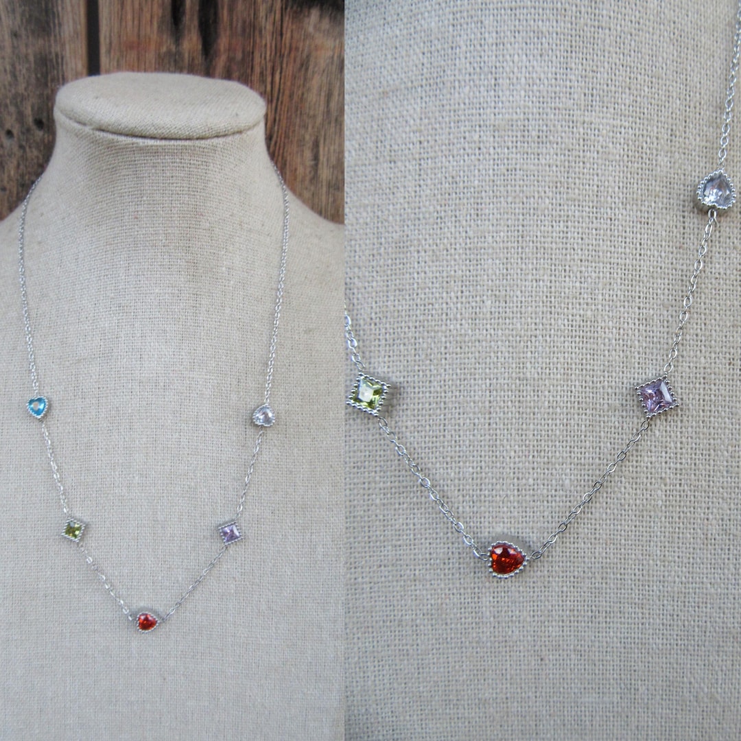 90s Bejeweled Heart Pendant | 18" Dainty Silver Chain Rhinestone Heart ...