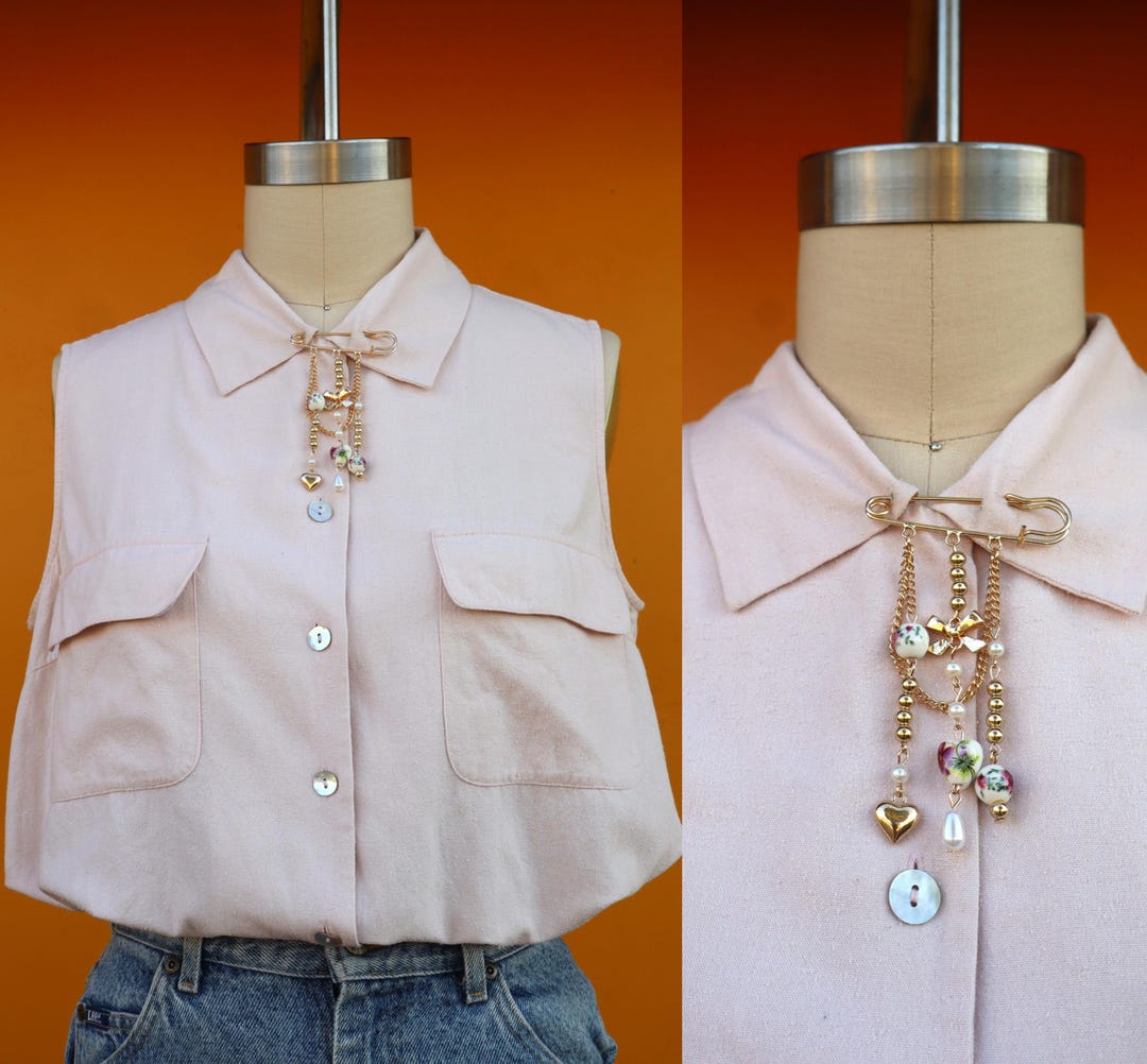 80s Gold Tone Safety Pin Faux Pearl Cottagecore Floral Bead Heart Chain ...
