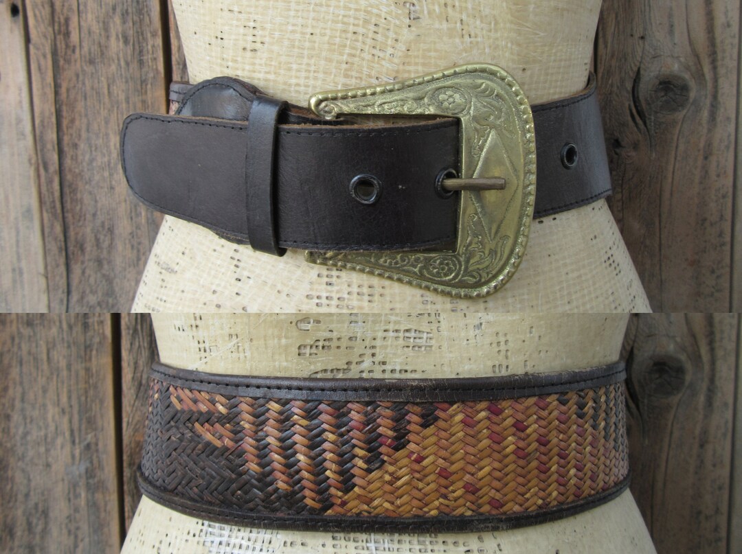 70s 80s Leather and Wicker Wide Waist Belt | Raffia Belt | Boho Wide ...