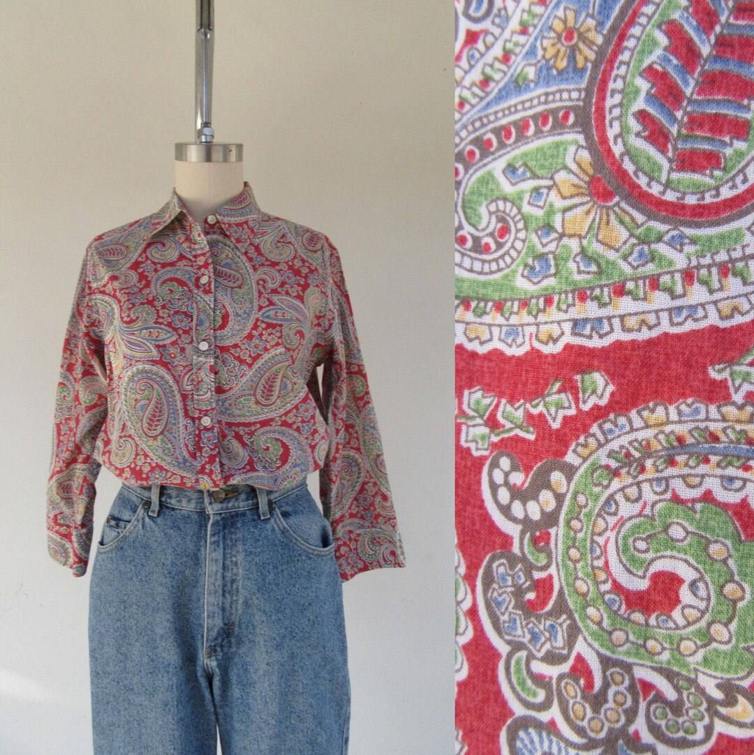 90s Preppy Prep Button Front Cotton Paisley Print 3/4 Sleeve Blouse ...