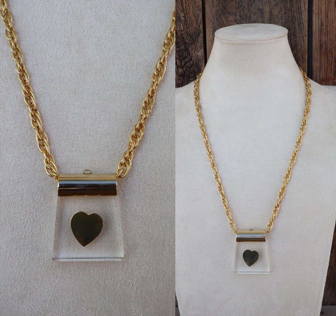 60s 70s Mod Clear Lucite Heart Necklace on Chunky Gold Tone Chain | Geo ...