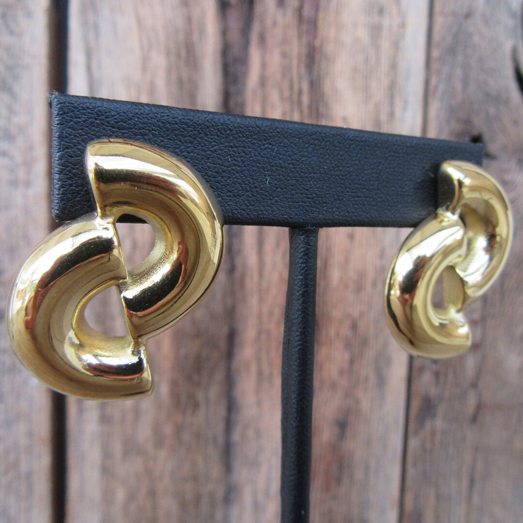 90s Gold Tone Earrings | Modernist Fluted Art Deco Revival Statement ...