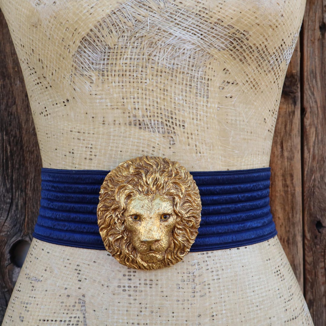 80s Charmant Gold Lion Resin Buckle Navy Wide Waist Belt | Stretch Belt ...