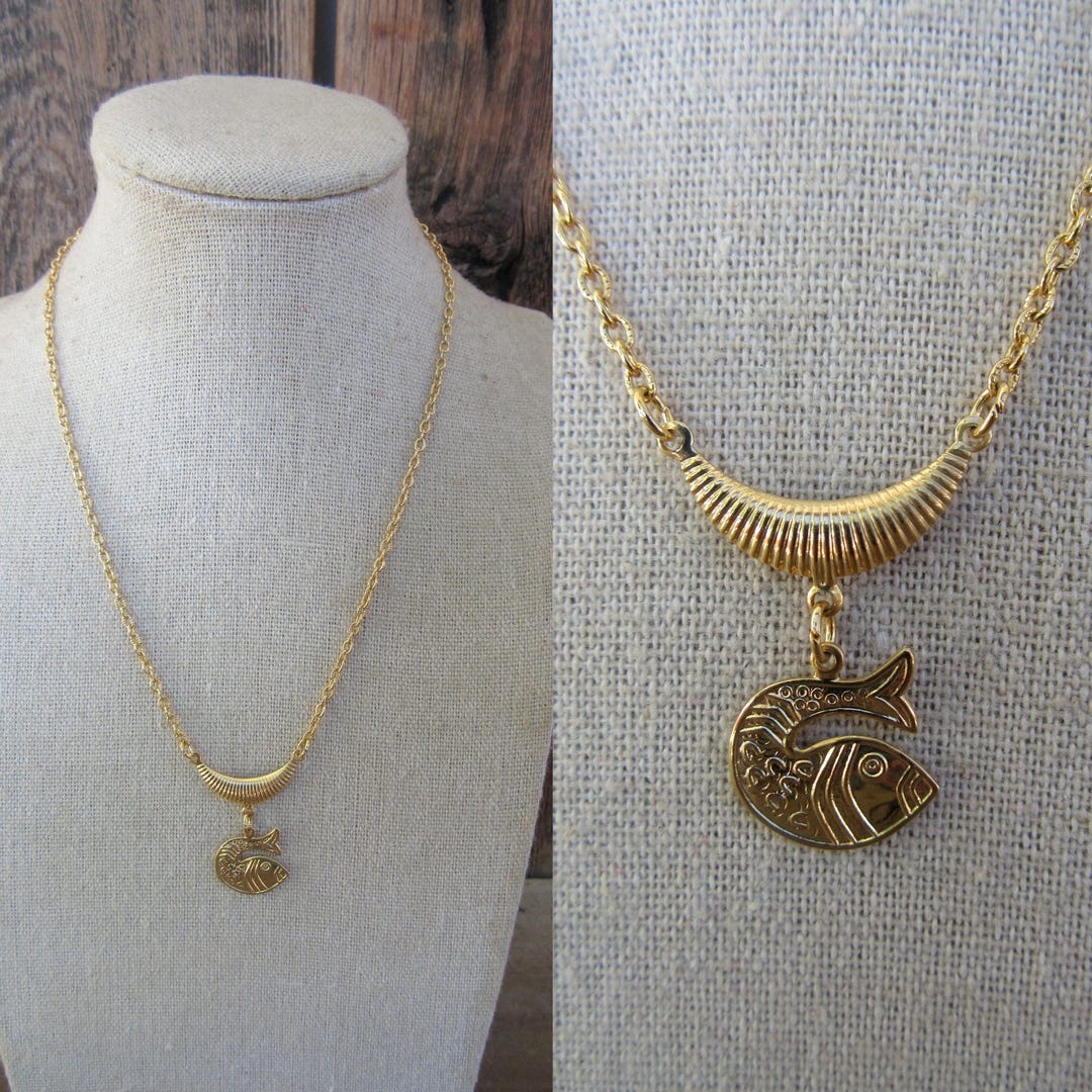 80s Gold Tone Fish Chain Necklace | Novelty Fish Pendant Pisces ...