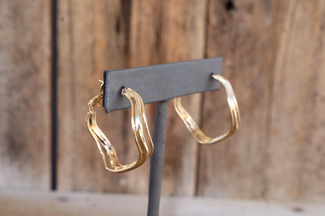 90s Gold Tone Wave Lever Back Hoops | Swirl Layered Crooked Modernist ...