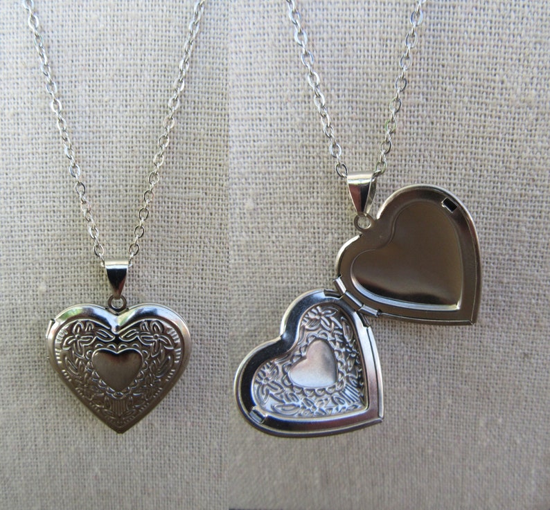 90s Silver Tone Puff Etched Heart Locket Necklace - Etsy