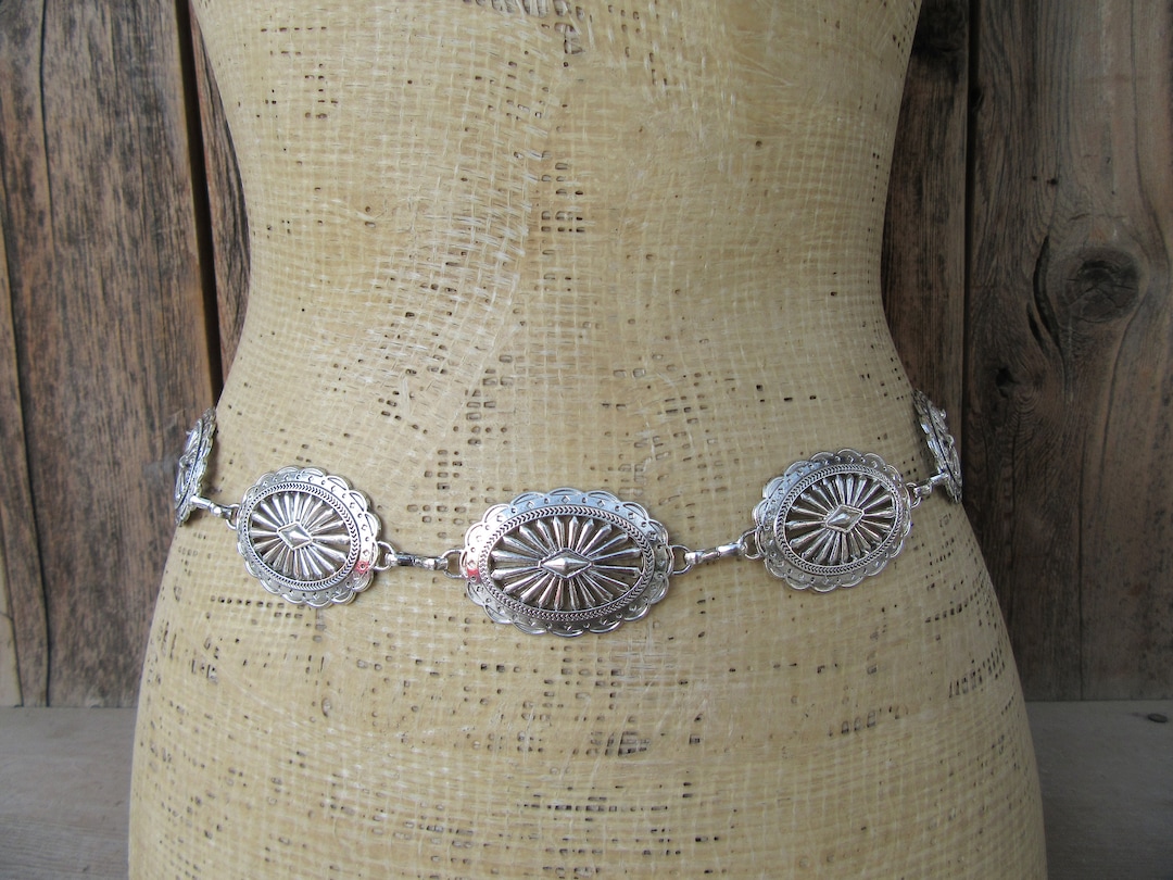 80s 90s Metal Concho Belt | Faux Silver Southwest Cowgirl Cowboy ...