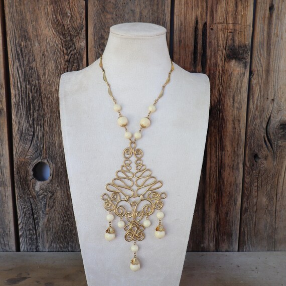 60s 70s Gold Tone Chunky Modernist Scroll Beaded Baub… - Gem