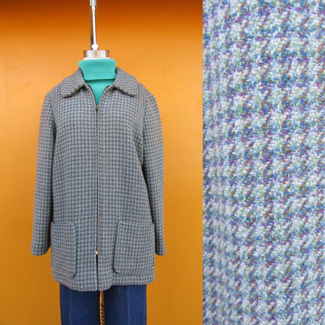 60s 70s Mod Wool Pastel Plaid Riding Jacket | Zip Front Checkered ...