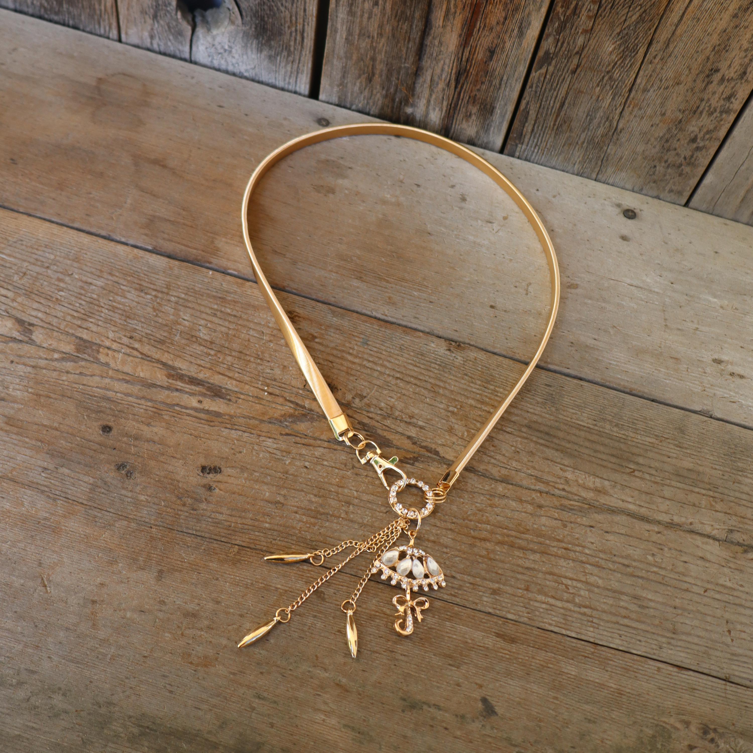 80s 90s Gold Tone Metal Stretch Slinky Belt | Rhinestone Dangle Snake ...