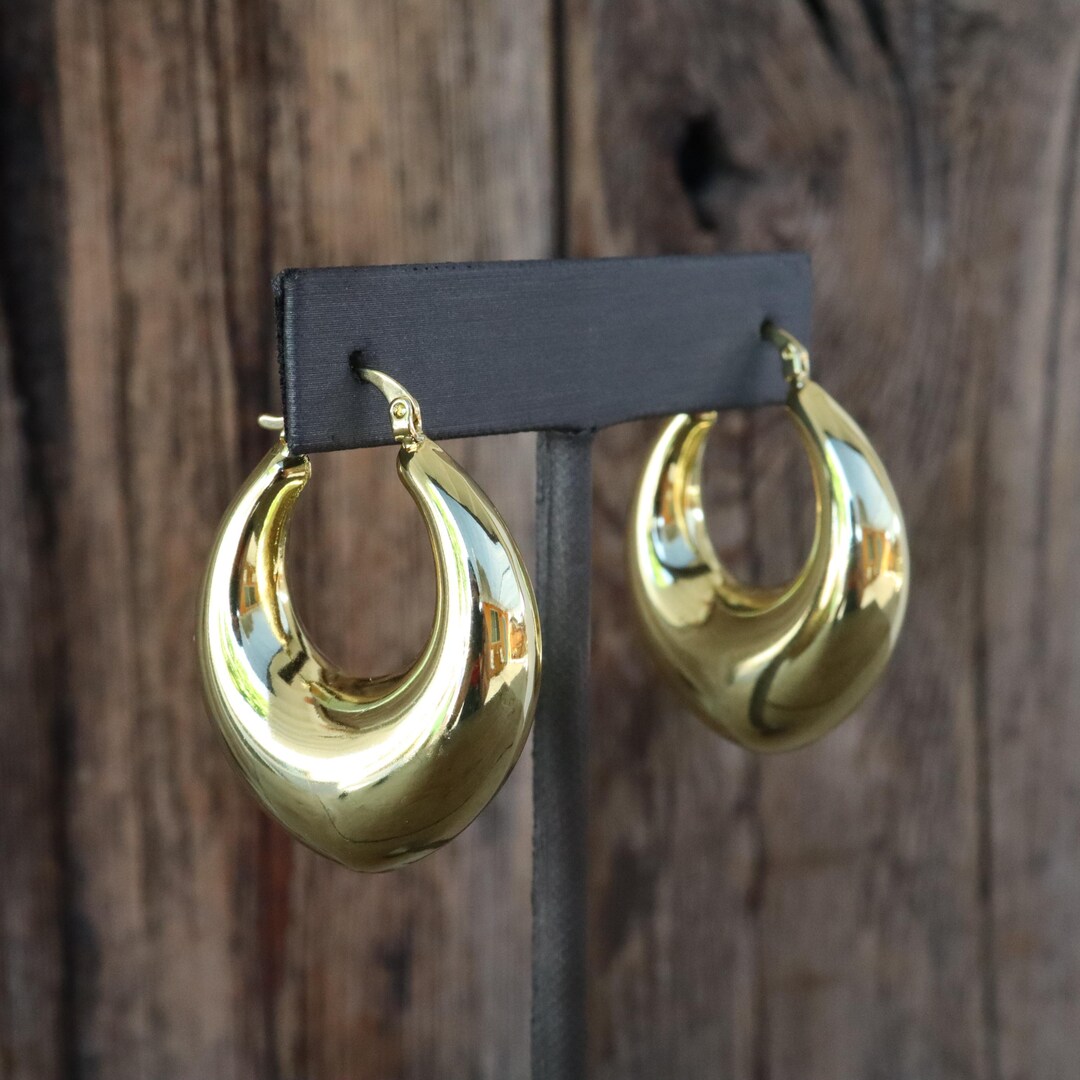 90s Gold Tone Puffy Lever Back Hollow Oval Hoops | Modernist Teardrop ...