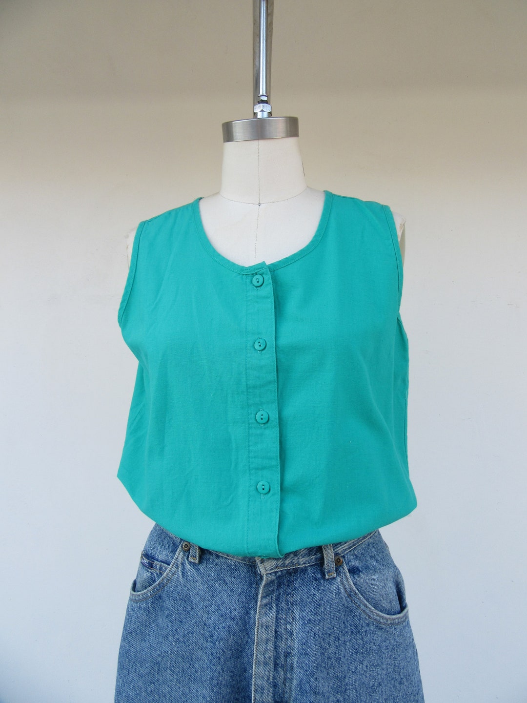 80s 90s Button Front Teal Cotton Blend Tank Top | Boxy Cotton Singlet ...