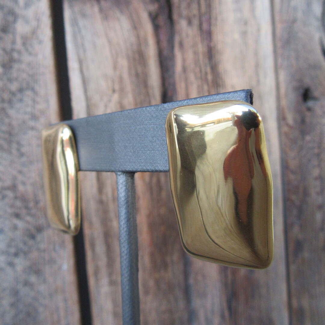 90s Gold Tone Earrings | Modernist Rectangle Shiny Gold Tone Statement Earrings | Crooked ...