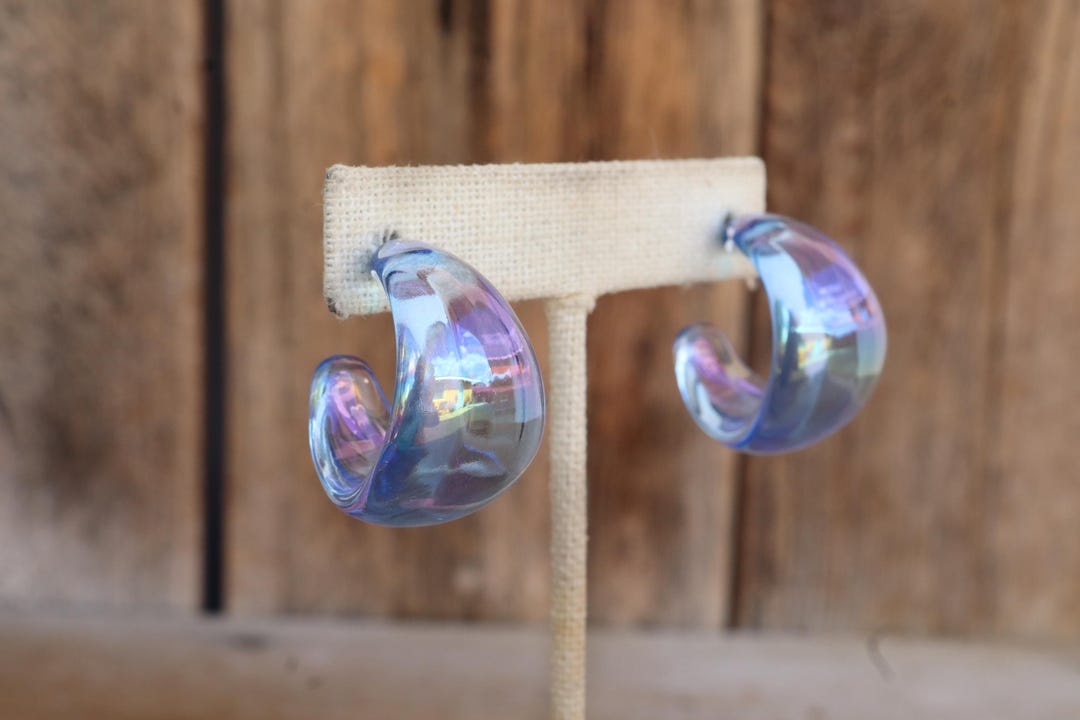 80s 90s Transparent Blue Oil Slick Resin Hoops | Chunky Resin Hoops ...