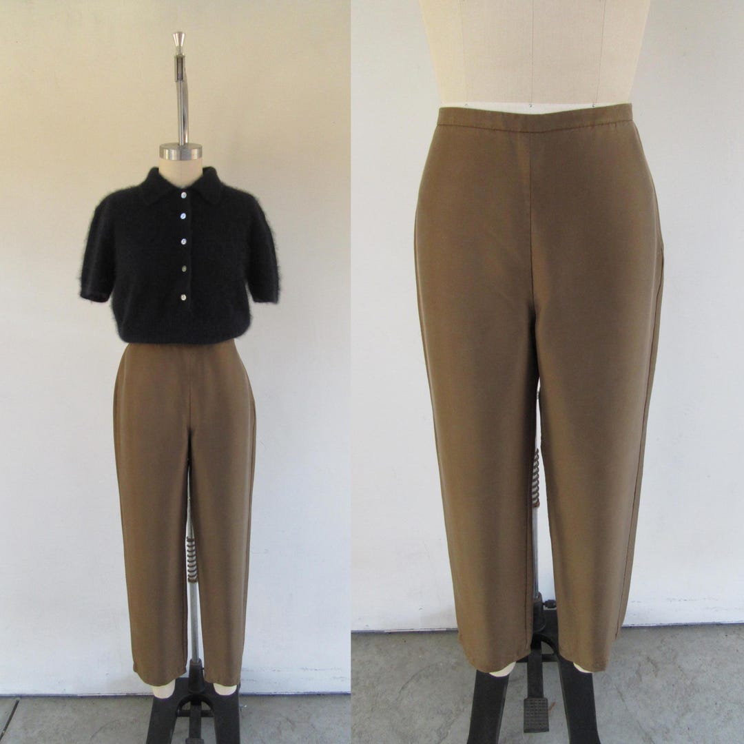 90s Coffee Brown High Rise Silk Trousers | Flat Front Tapered ...