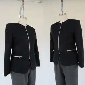 90s Collarless Wool Black Zip Front Blazer | Zip Front Black Wool ...