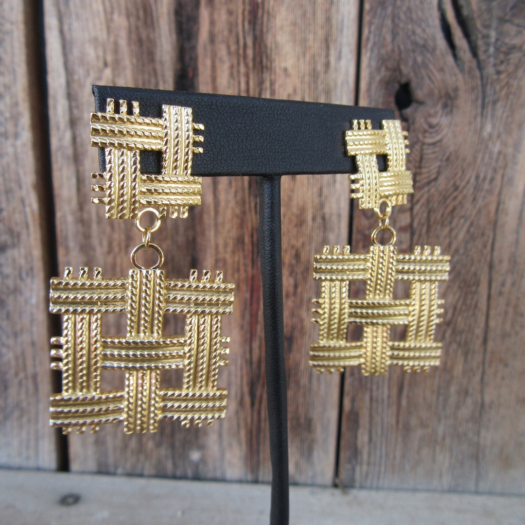 90s Earrings Gold Tone Modernist Grid Dangle Earrings Geo Geometric ...
