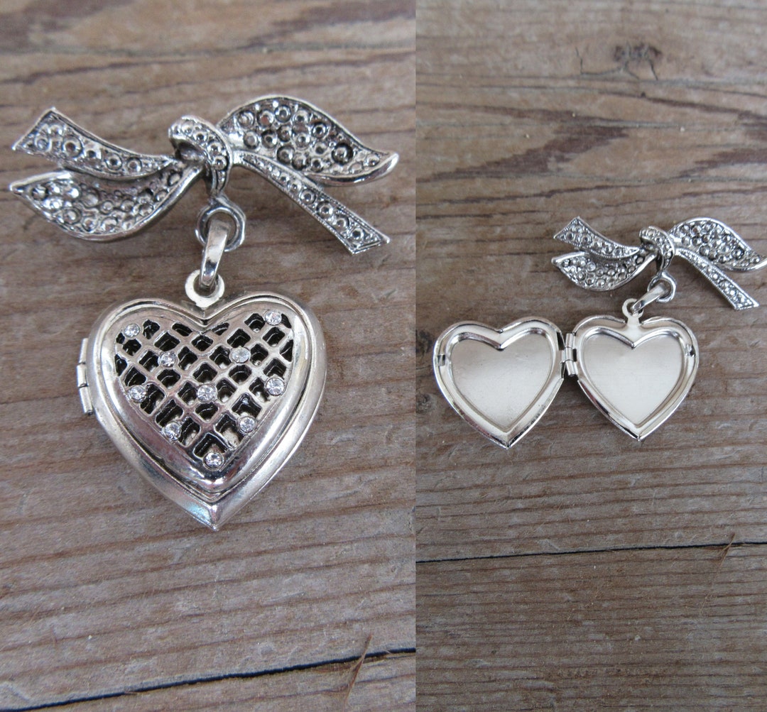 80s 90s Silver Tone Heart Locket Brooch | Keepsake Picture Locket ...