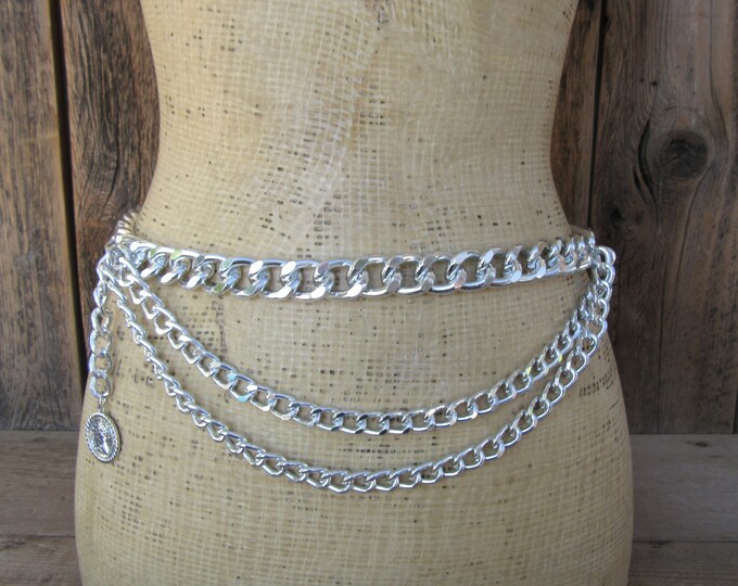 80s 90s Silver Tone Draped Chain Belt Coin Dangle Belt Silver Metal ...