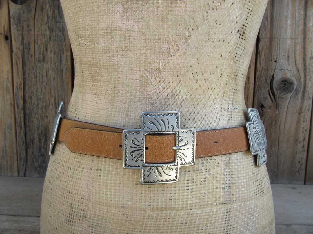 NOS 80s 90s Camel Brown Leather and Metal Concho Belt | Cross Metal ...