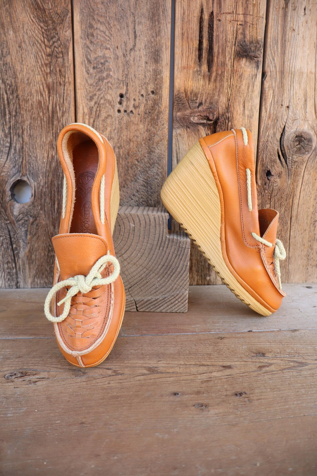 70s 80s CHEROKEE Platform Moccasins | Wedge Camel Brown Leather Hippie ...