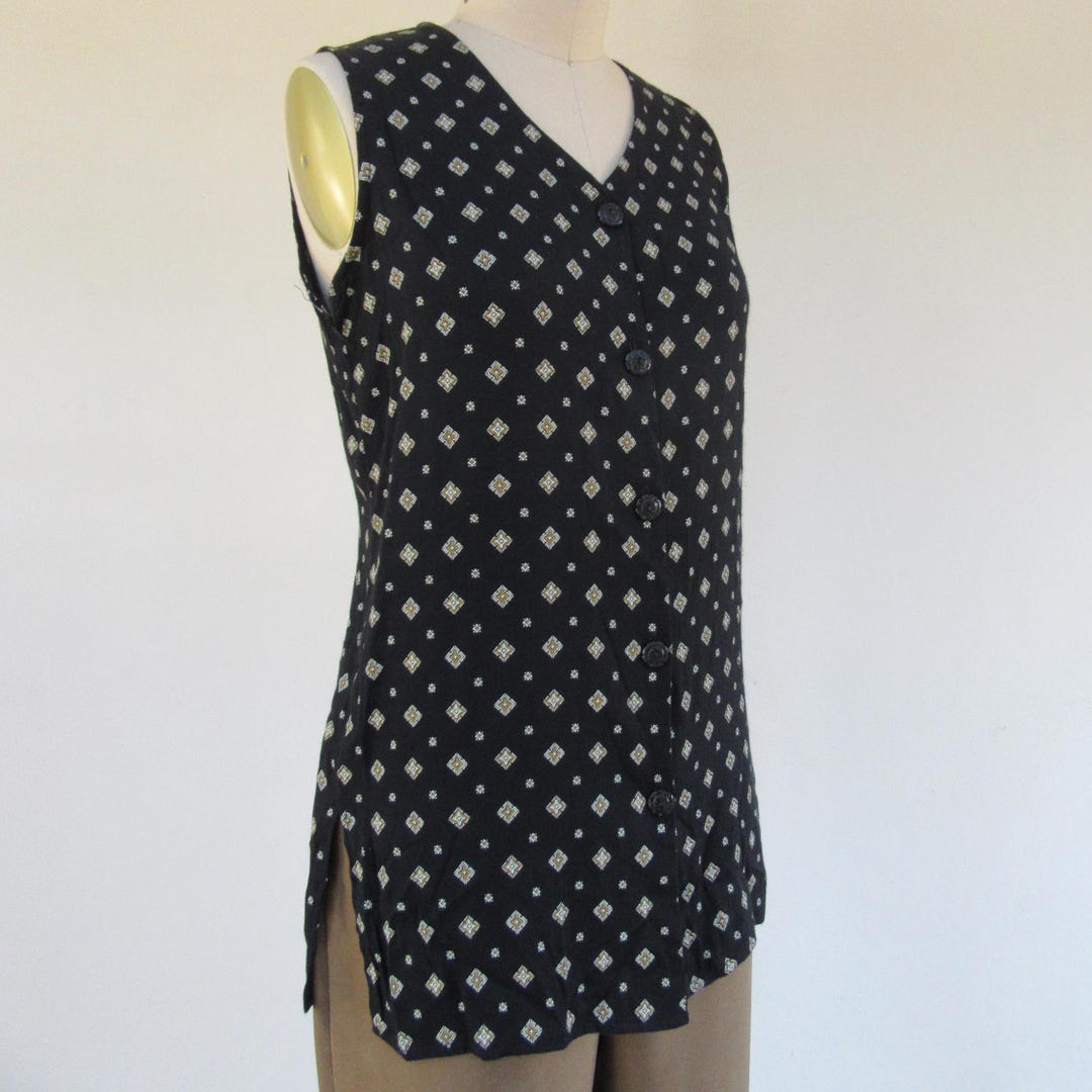 90s Black Geo Print Rayon Vest | Button Front Sleeveless Rayon Top ...