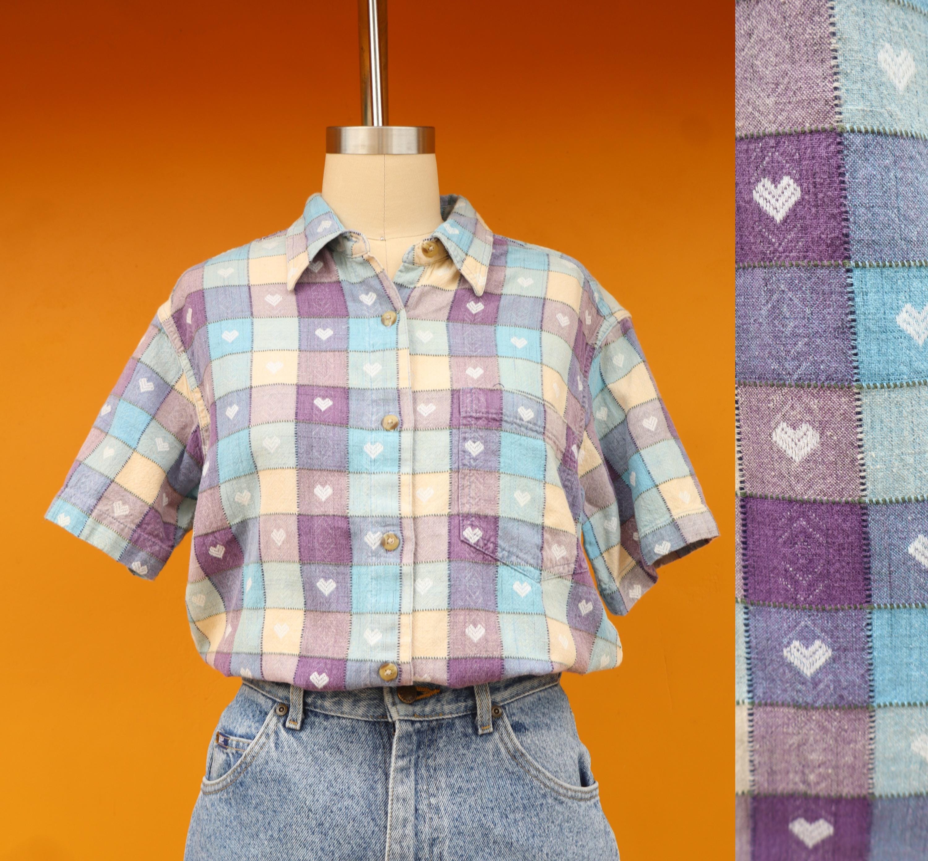 90s Checkered Heart Cottagecore Button Front Cotton Blouse | Plaid ...