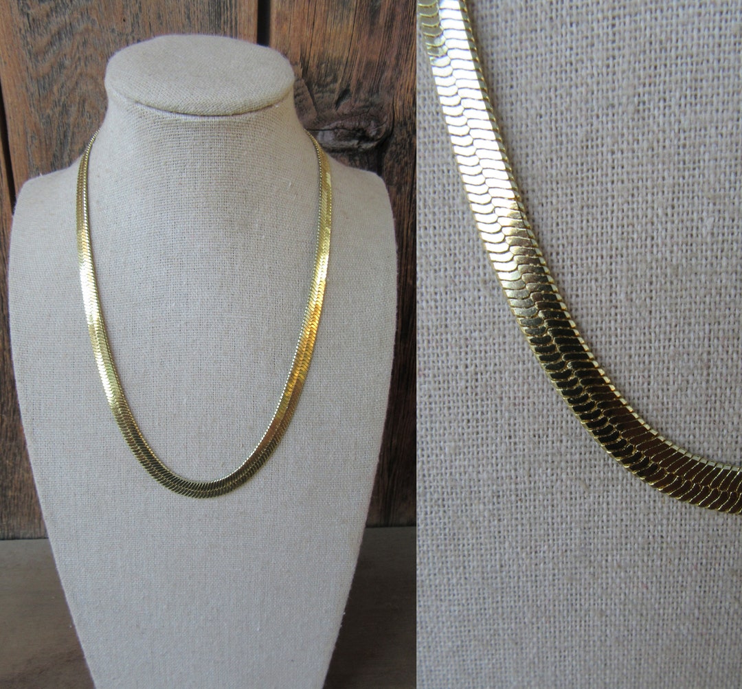 90s Gold Tone Thick Heavy Statement Necklace Thick Chunky Herringbone ...